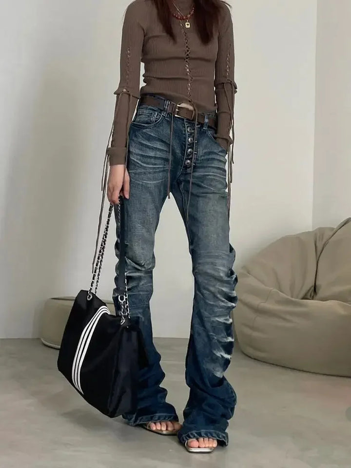 TAVIMART - American Style Retro Washed Ripple Crack Jeans Women 2000s ...