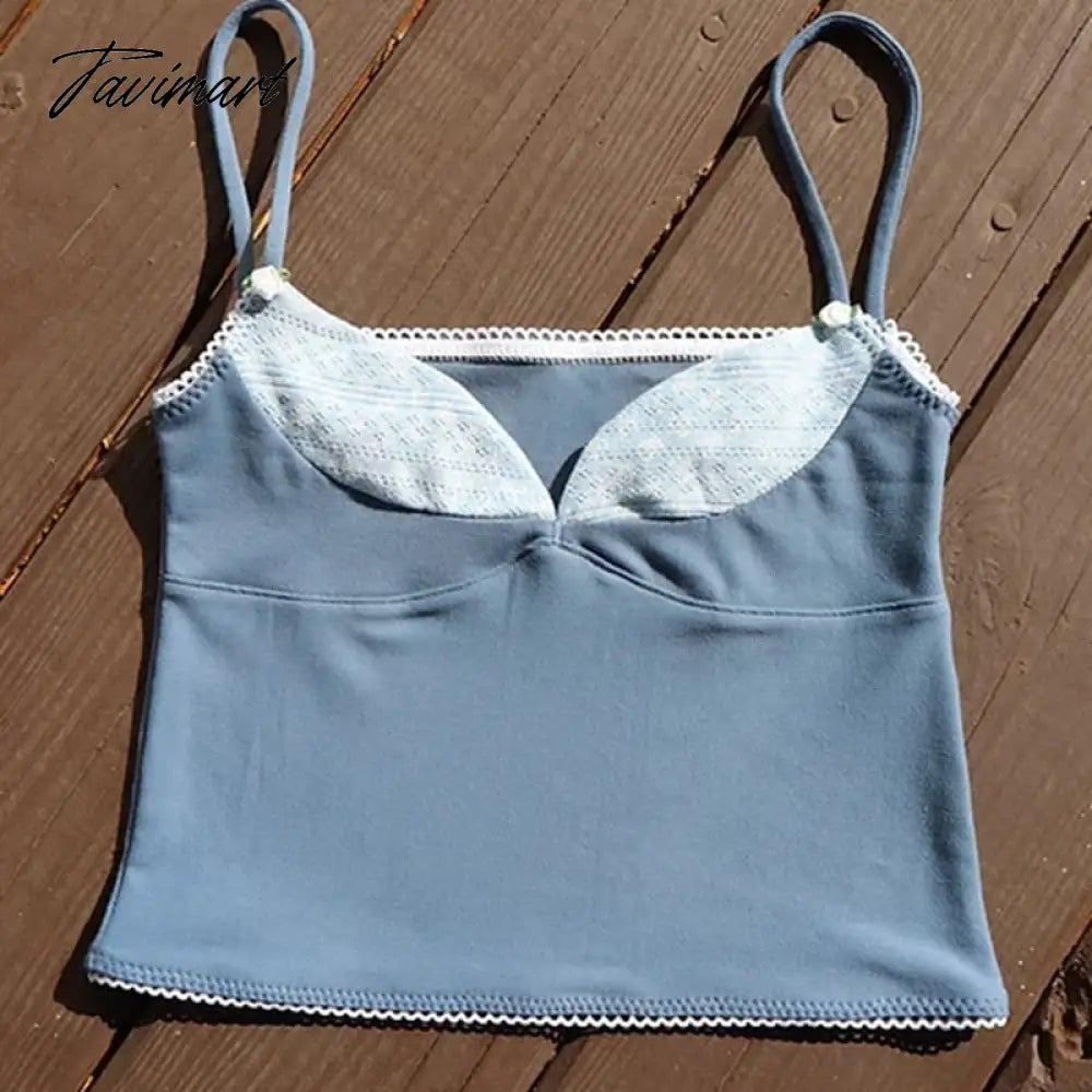 Tavimart Chic Girl Cute V Neck Crop Tops Summer Patchwork Spaghetti St ...