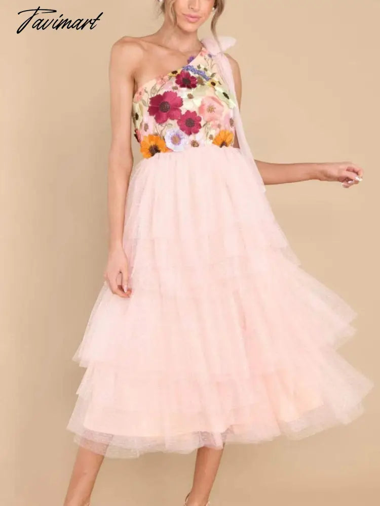 Tavimart Pink Puffy Flower Dress Women Embroidery One Shoulder Lace Up ...
