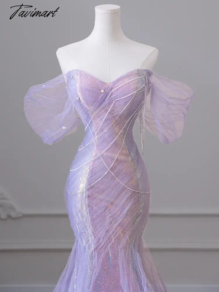 TAVIMART - Purple Laser Sequin Beaded Mermaid Women Evening Dress with ...
