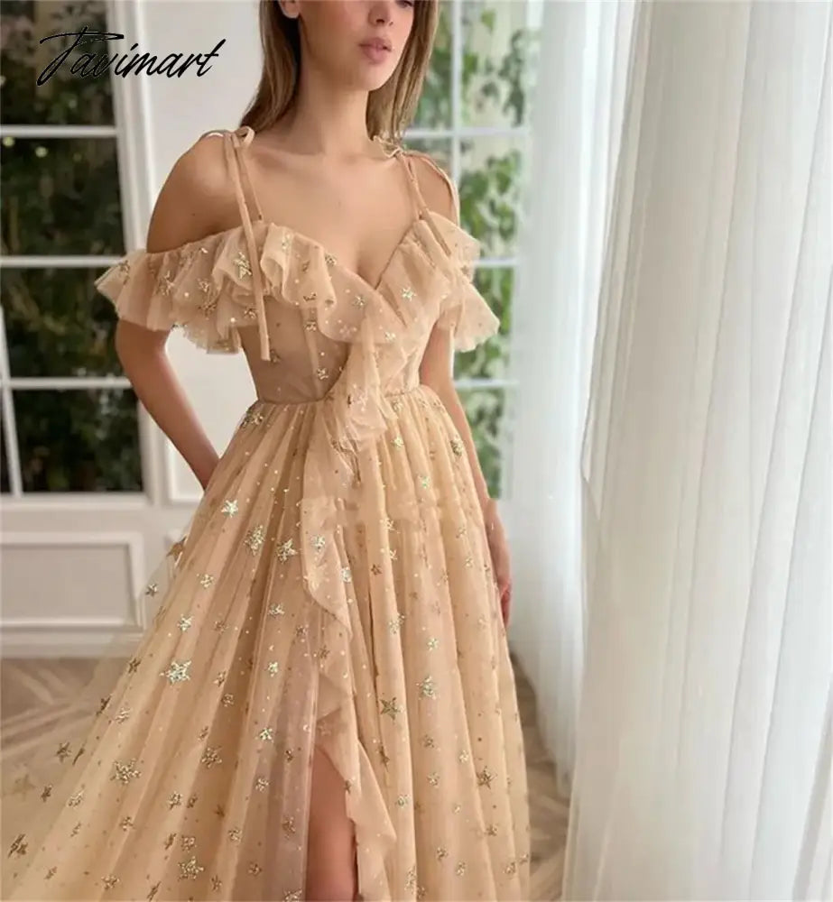 TAVIMART - Sparkling Gold Star Ball Gown Italian Shoulder Strap A-line ...