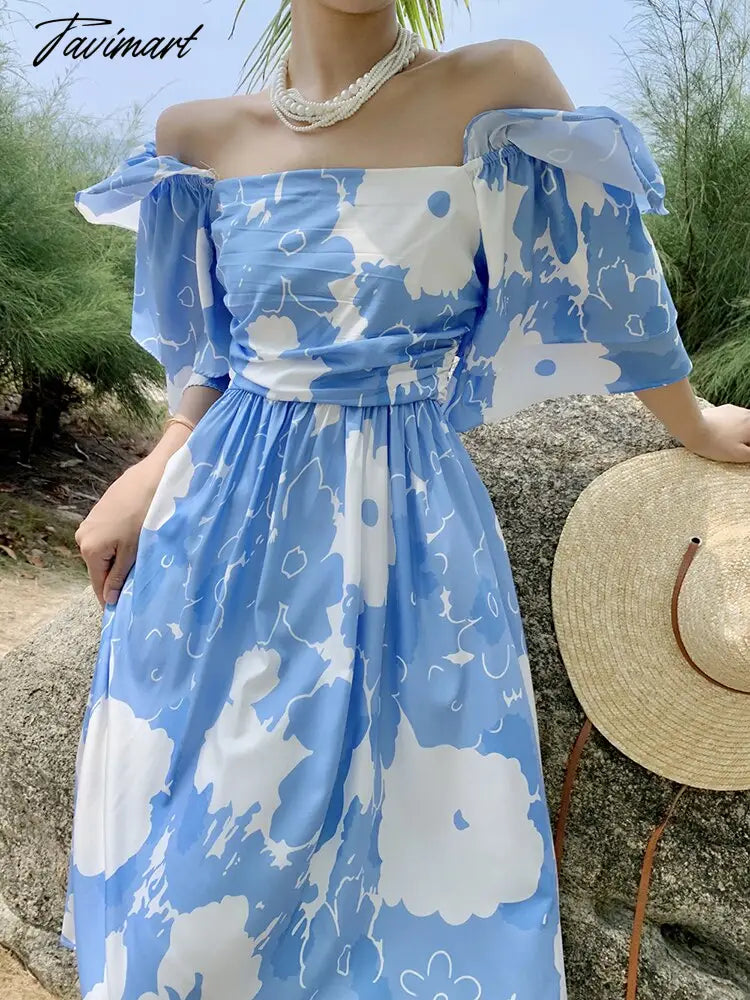 Tavimart Summer Short Sleeve Off Shoulder Vintage Beach Dress Bule Boh ...