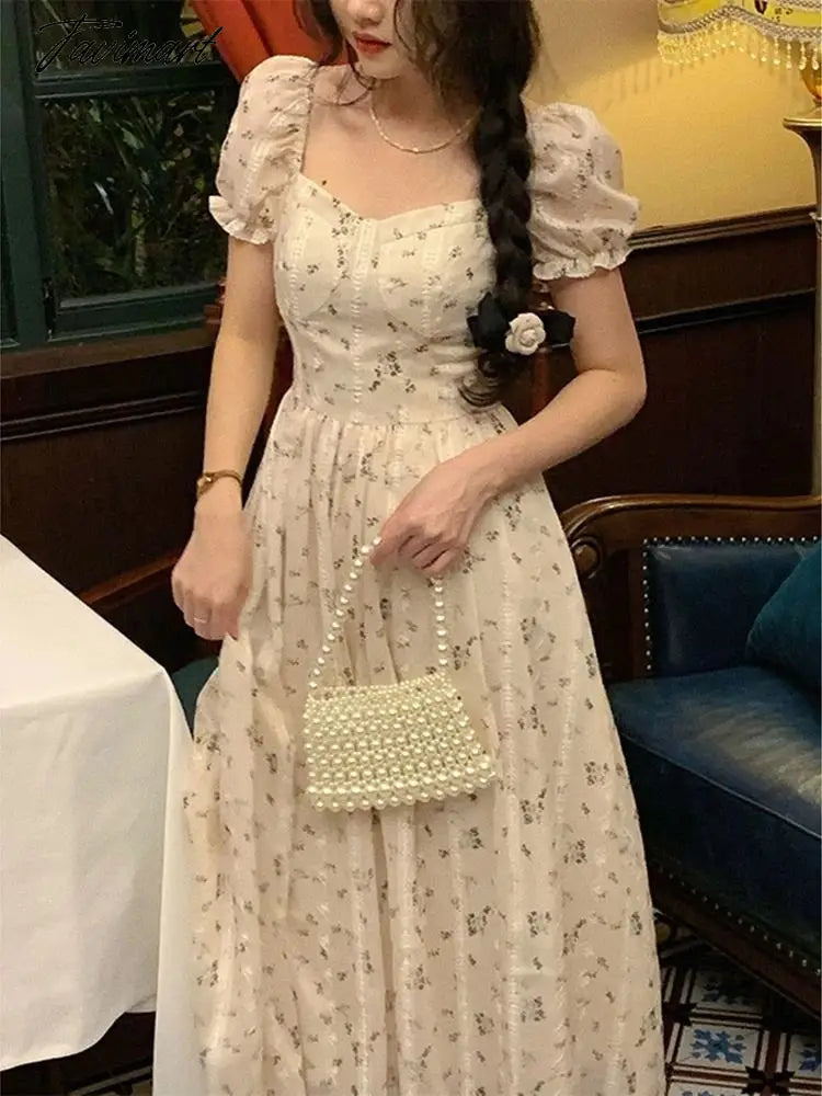 Tavimart Summer Vintage Floral Midi Dresses For Women Short Sleeve Fem ...
