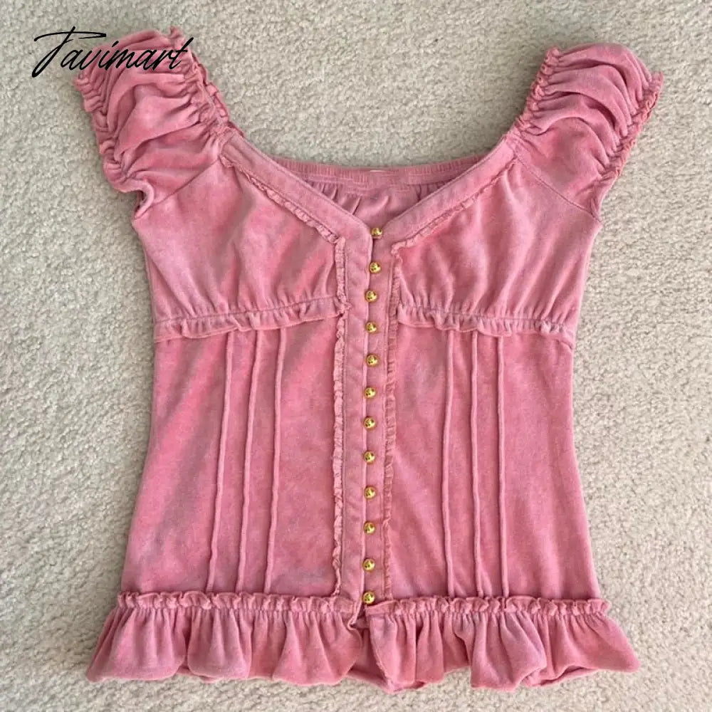 Tavimart Y2K Kawaii Milkmaid Crop Top Button Ruffles Trim Lace Up T-sh ...